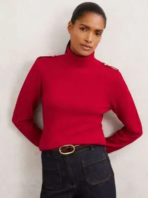 REISS Wool Epaulette Roll-neck Jumper Red