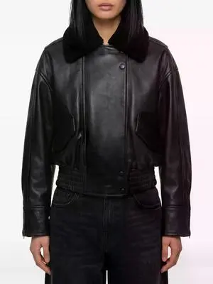 IVY OAK Laila Lane Leather Bomber Jacket With Shearling Collar - Black