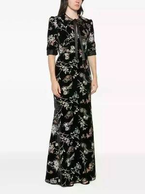 DE SANTIS Floral-embroidered Velvet Maxi Dress