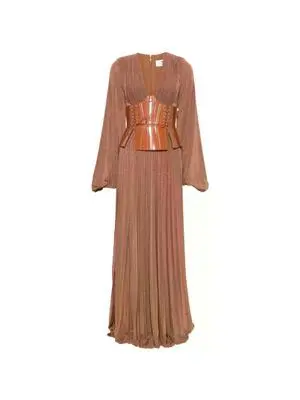 Elisabetta Franchi Pleated Lace-up Maxi Dress - Brown