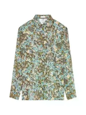 Dries Van Noten Pleated Floral Print Chiffon Shirt - Blue