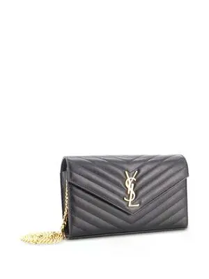 Saint Laurent Classic Monogram Wallet On Chain Matelasse Chevron Leather Medium Crossbody Bag - Black