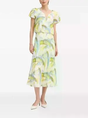 Dkny V-neck Abstract Print Puff Sleeve Midi Dress - White