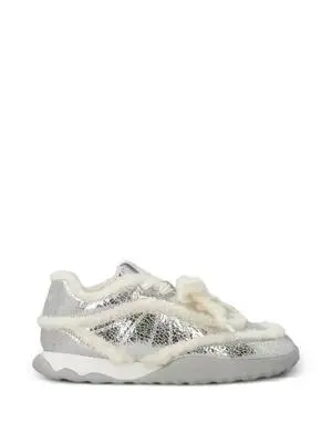 Pinko Cracked-effect Shearling-trim Sneakers - Silver