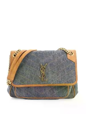 Saint Laurent Niki Chain Flap Bag Matelasse Chevron Denim With Suede Medium Shoulder Bag - Blue