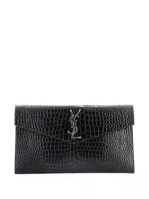 Saint Laurent Uptown Pouch Crocodile Embossed Leather Clutch Bag - Black