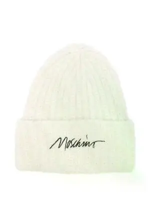 Moschino Embroidered Ribbed Beanie Hat - Neutrals