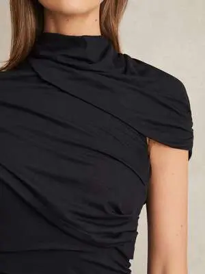 REISS Lyocell Ruched Midi Dress - Navy