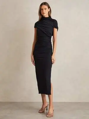 REISS Lyocell Ruched Midi Dress - Navy