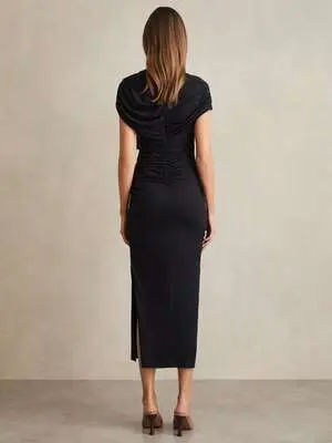 REISS Lyocell Ruched Midi Dress - Navy