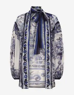 Dolce & Gabbana Chiffon Pussy-bow Shirt With Majolica Print Shirts And Tops Blue Silk - Multicolor