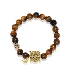 AUROZIA Gold Plated Sundial And Sun Crystal Beaded Bracelet With Tiger's Eye Charms - Gold/yellow