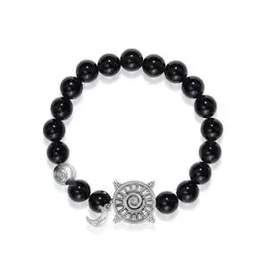 AUROZIA Black / Silver Three Charms Solar Meridian Whitegold Plated Sundial And The Sun Coin Black Agate Beaded Bracelet - Black/silver