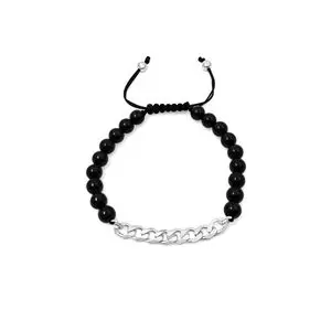 LUTIRO Black / Silver Black Onyx Beads With Curb Chain Bracelet - Black/silver