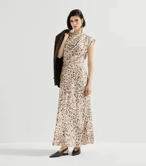 Brunello Cucinelli Silk Pongee Lynx Print Maxi Dress