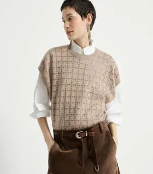 Brunello Cucinelli Cashmere Sequin Check Knit T-shirt