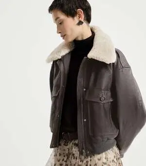 Brunello Cucinelli Nappa Leather Shearling Collar Aviator Jacket