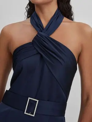 Halston Satin Halter Neck Wide Leg Jumpsuit - Navy