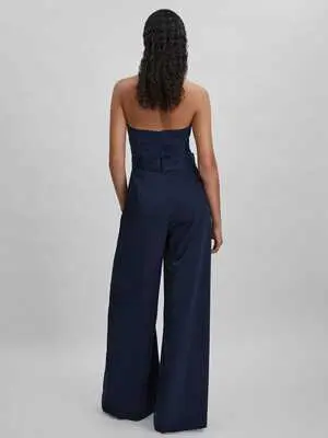 Halston Satin Halter Neck Wide Leg Jumpsuit - Navy