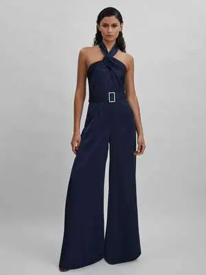 Halston Satin Halter Neck Wide Leg Jumpsuit - Navy