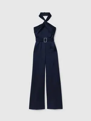 Halston Satin Halter Neck Wide Leg Jumpsuit - Navy