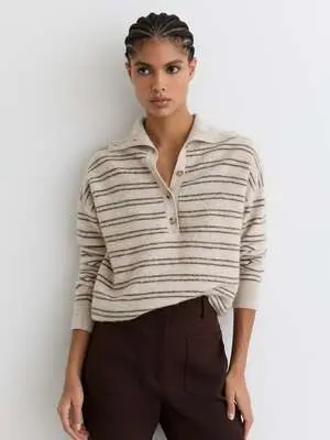 REISS Neutral & Brown Wool-cashmere Stripe Buttoned Jumper - Neutral/brown