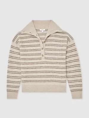 REISS Neutral & Brown Wool-cashmere Stripe Buttoned Jumper
