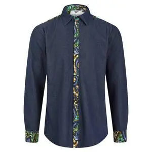 OHEMA OHENE Denim & African Print Cotton Shirt- Floral - Green