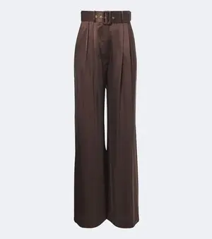 Zimmermann Belted Pleated Silk Satin Wide-leg Pants - Brown
