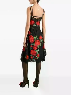 Dolce & Gabbana Rose-print Charmeuse Midi Dress - Black
