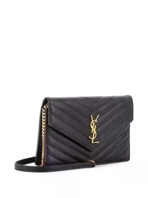 Saint Laurent Classic Monogram Wallet On Chain Matelasse Chevron Leather Small Crossbody Bag - Black