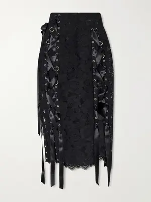 Simone Rocha Unraveling Ribbon Ring Asymmetric Embellished Lace And Satin Midi Skirt - Black
