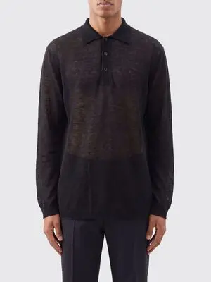 Y’s Sheer Long-sleeved Knit Polo Shirt In A Linen Blend