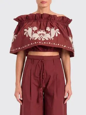 TWINSET Off-the-shoulder Cropped Cotton Top With Floral Embroidery - Red
