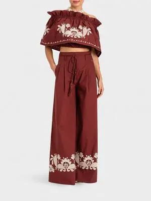 TWINSET Off-the-shoulder Cropped Cotton Top With Floral Embroidery - Red