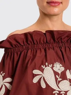 TWINSET Off-the-shoulder Cropped Cotton Top With Floral Embroidery - Red