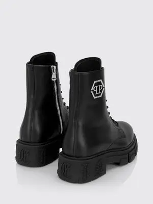 Philipp Plein Monogram Calfskin Combat Boots With Hexagon Logo