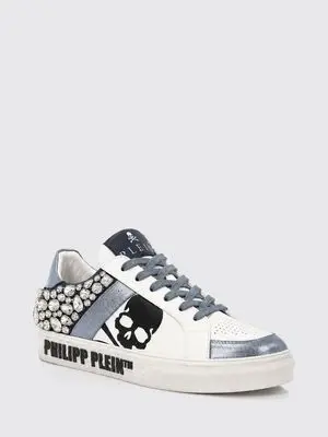 Philipp Plein Skull Print Leather Low-top Sneakers With Crystals