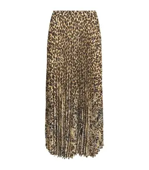 Etro Satin Leopard Pleated Maxi Skirt - Beige