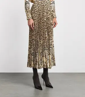 Etro Satin Leopard Print Pleated Maxi Skirt - Beige
