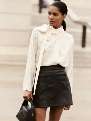 REISS Satin Polka Dot Tie Neck Blouse