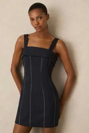 REISS Blue Contrast Stitch Structured Mini Dress