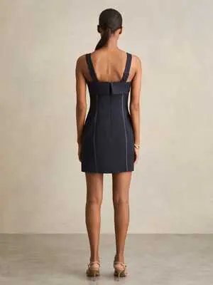 REISS Blue Contrast Stitch Structured Mini Dress