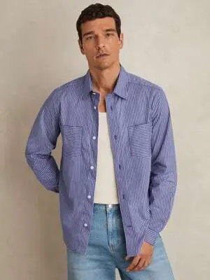 REISS Blue & White Cotton-poplin Stripe Twin-pocket Shirt