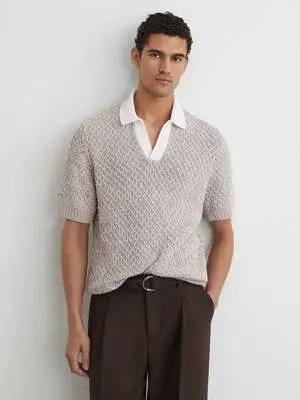 REISS Stitch-detail Open-collar Knit Polo Shirt