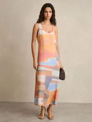 REISS Printed Sleeveless Slip Dress - Coral