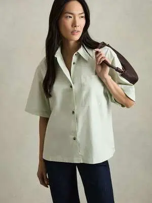 REISS Cotton Short Sleeve Shirt With Tortoiseshell-effect Buttons