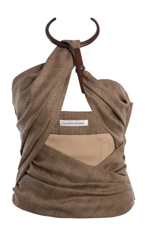 Christopher Esber Wood-detailed Draped Wool Herringbone Top - Brown