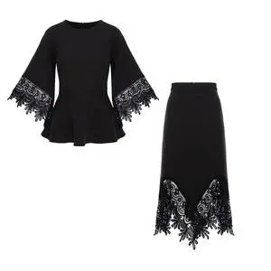 CONCEPT A TROIS Set: Top And Skirt With Lace Details - Black