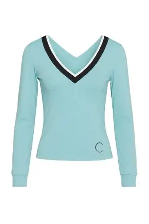 CONQUISTA Aqua V-neck Long Sleeve Top With Contrast Trim - Blue